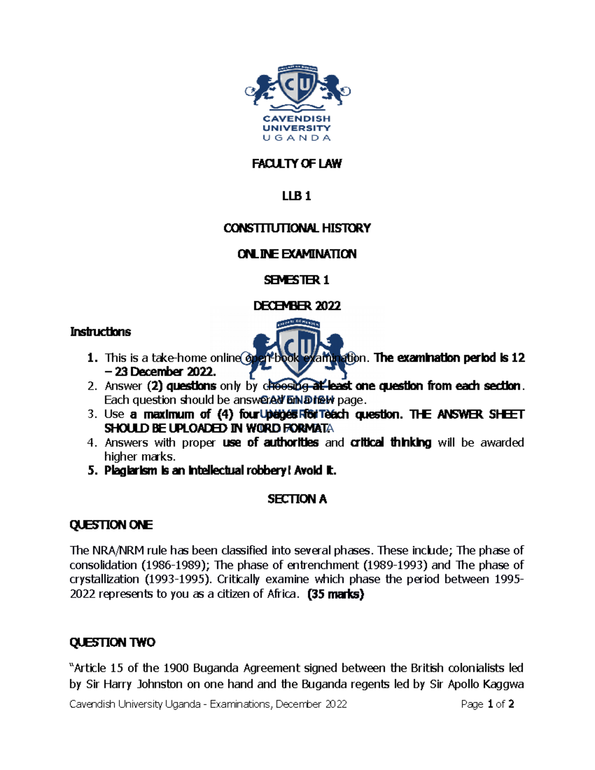 Constitutionalhistorydecemberexams 2022 - FACULTY OF LAW LLB 1 ...