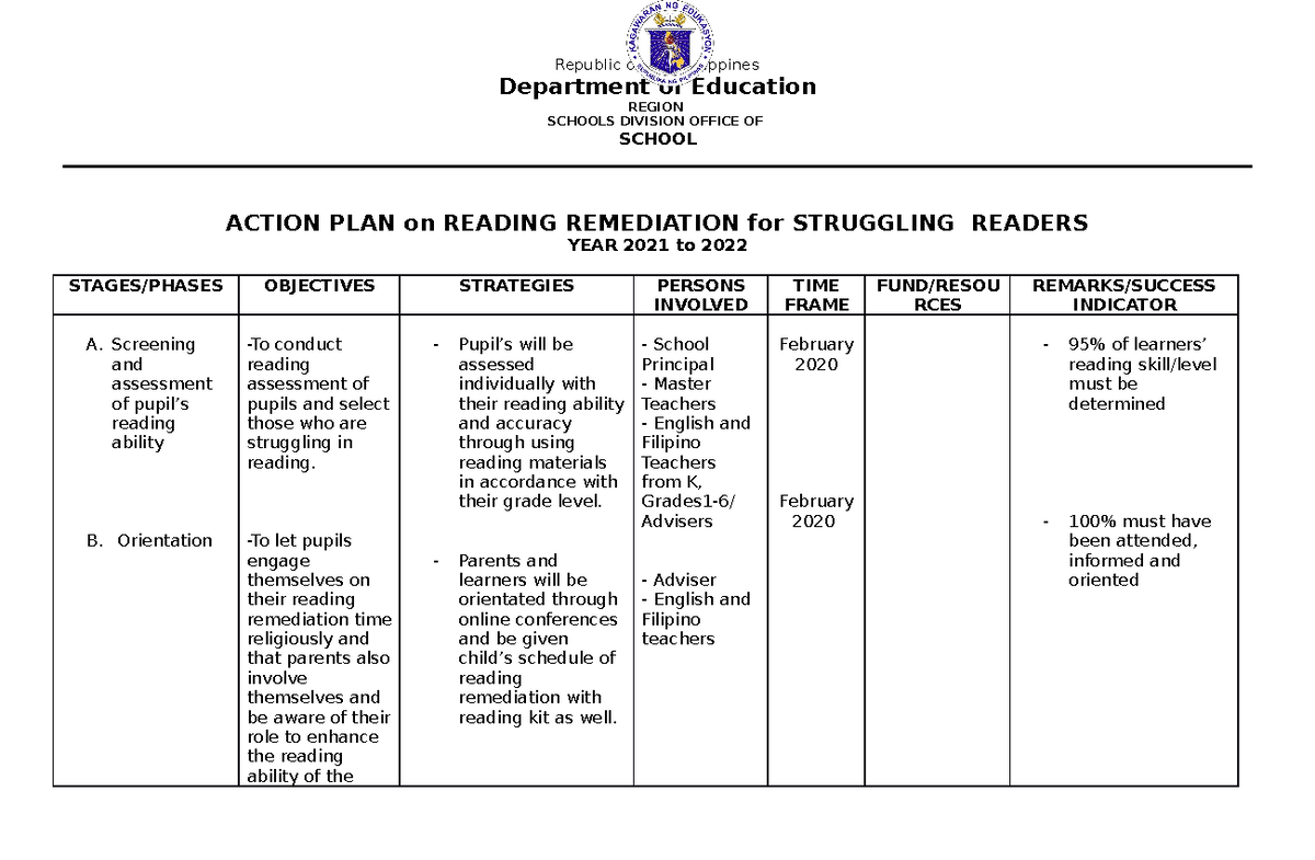 Action Plan on Reading with Struggling Students B - Republic of the ...