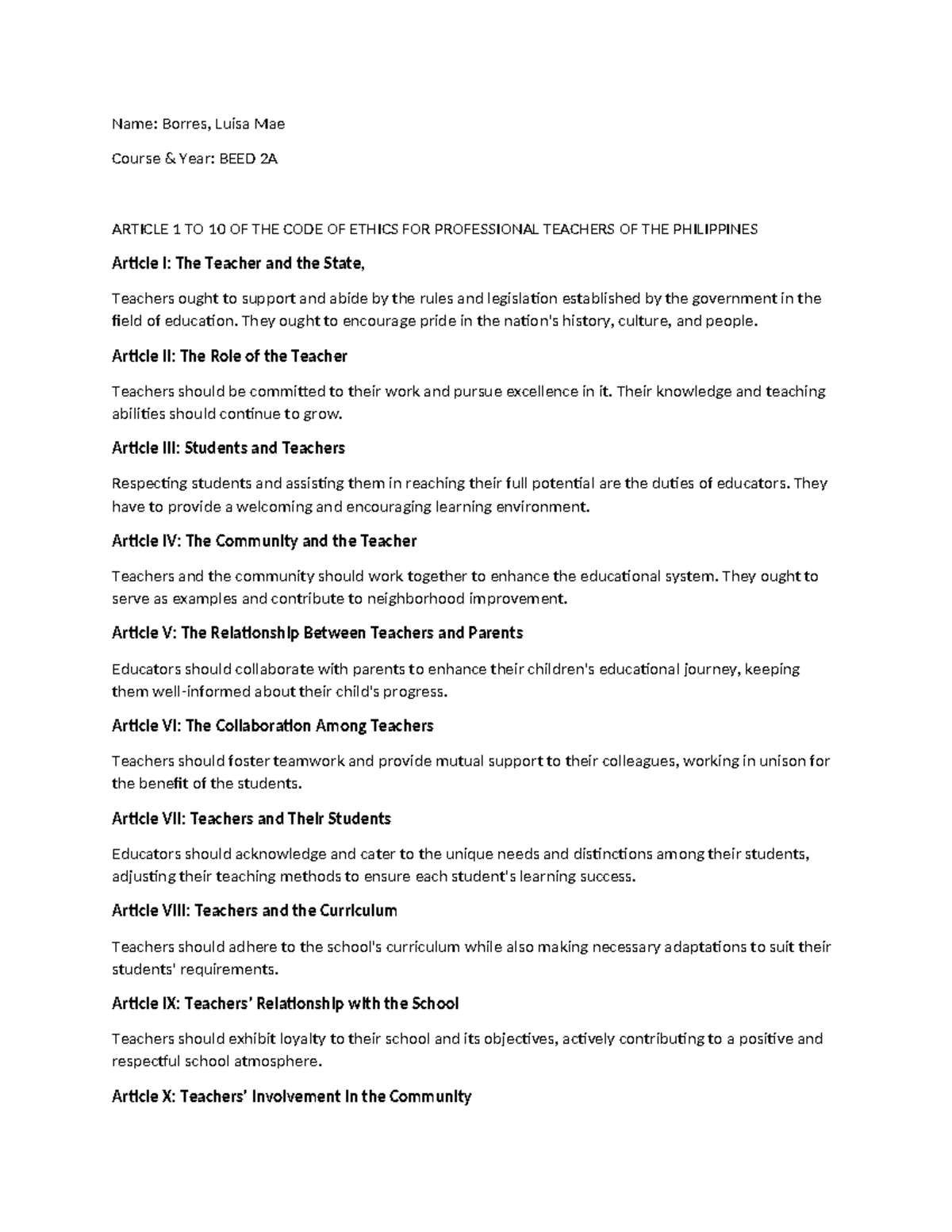 Article CODE OF Ethics - jjj - Name: Borres, Luisa Mae Course & Year ...