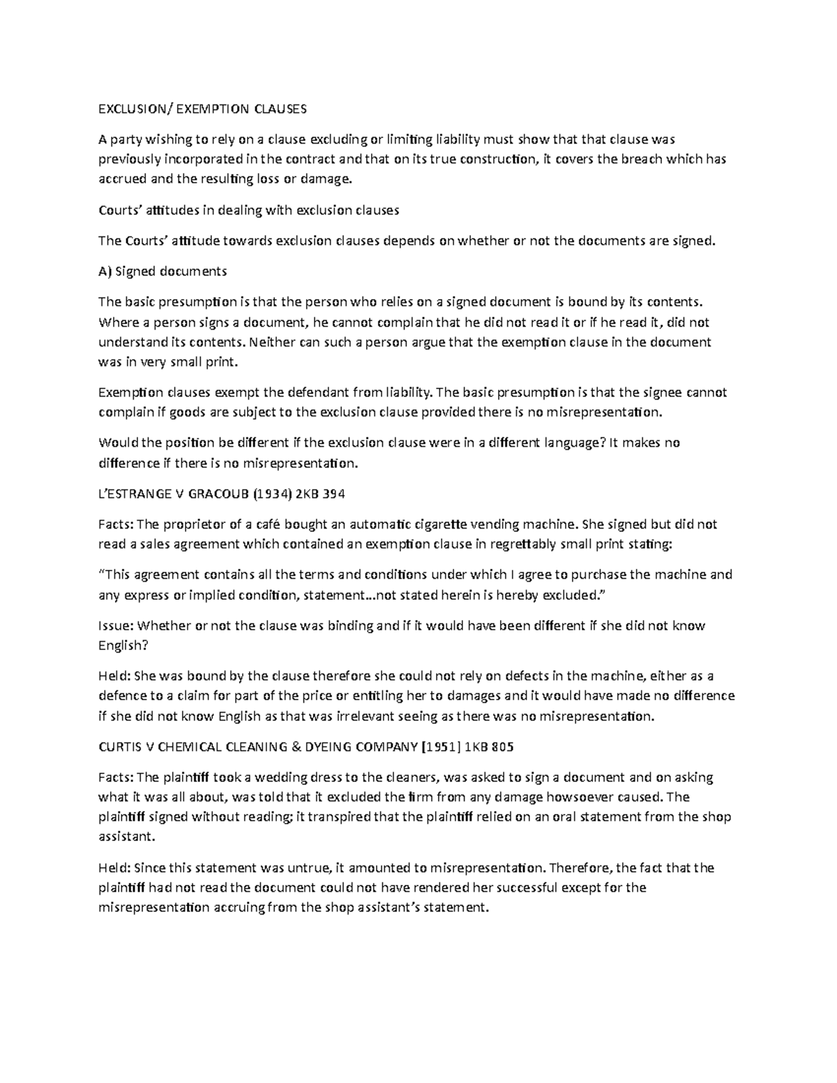 law of contract - EXCLUSION/ EXEMPTION CLAUSES A party wishing to rely ...