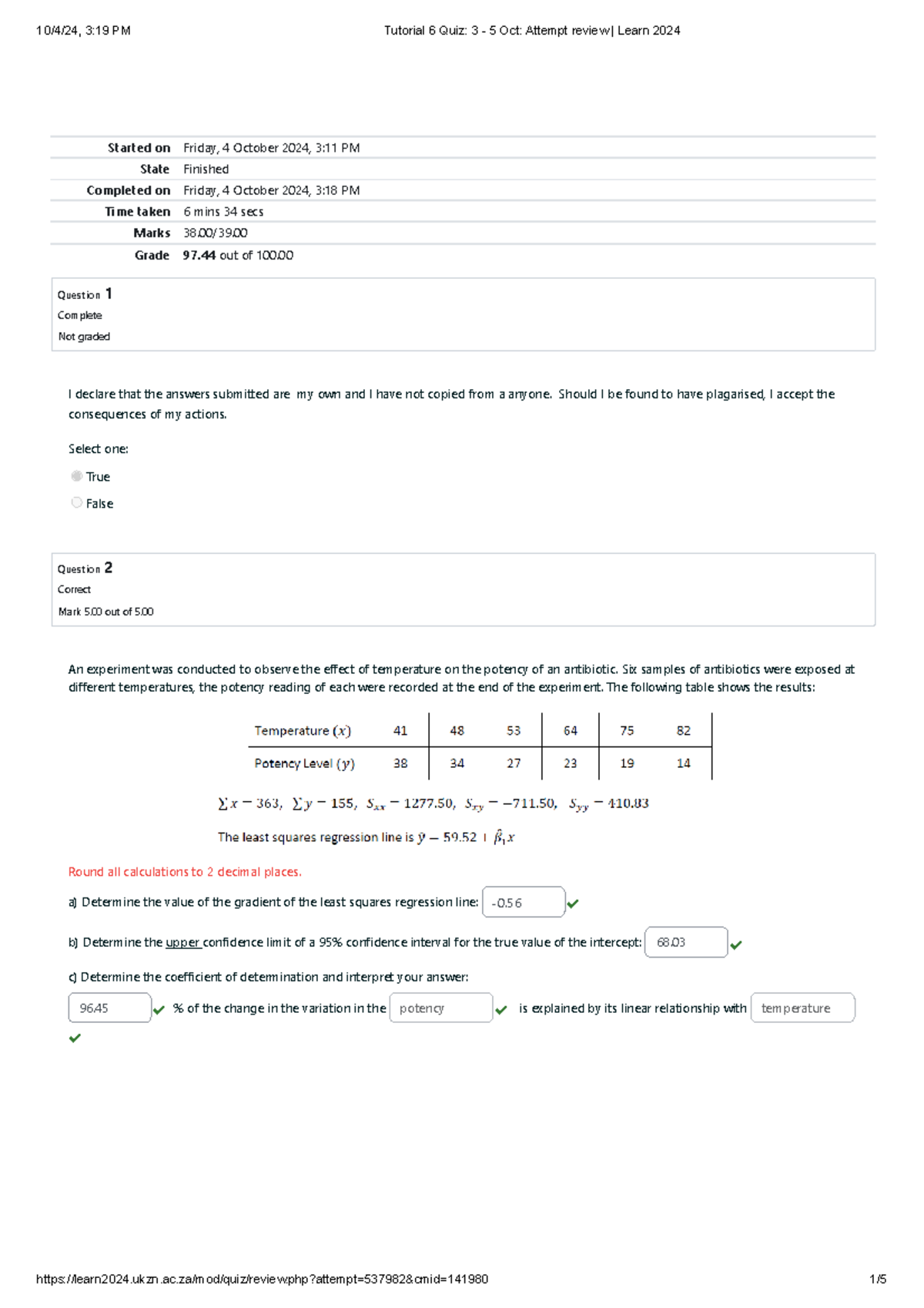 Tutorial 6 Quiz 3 - 5 Oct Attempt review Learn 20242 - Started on ...