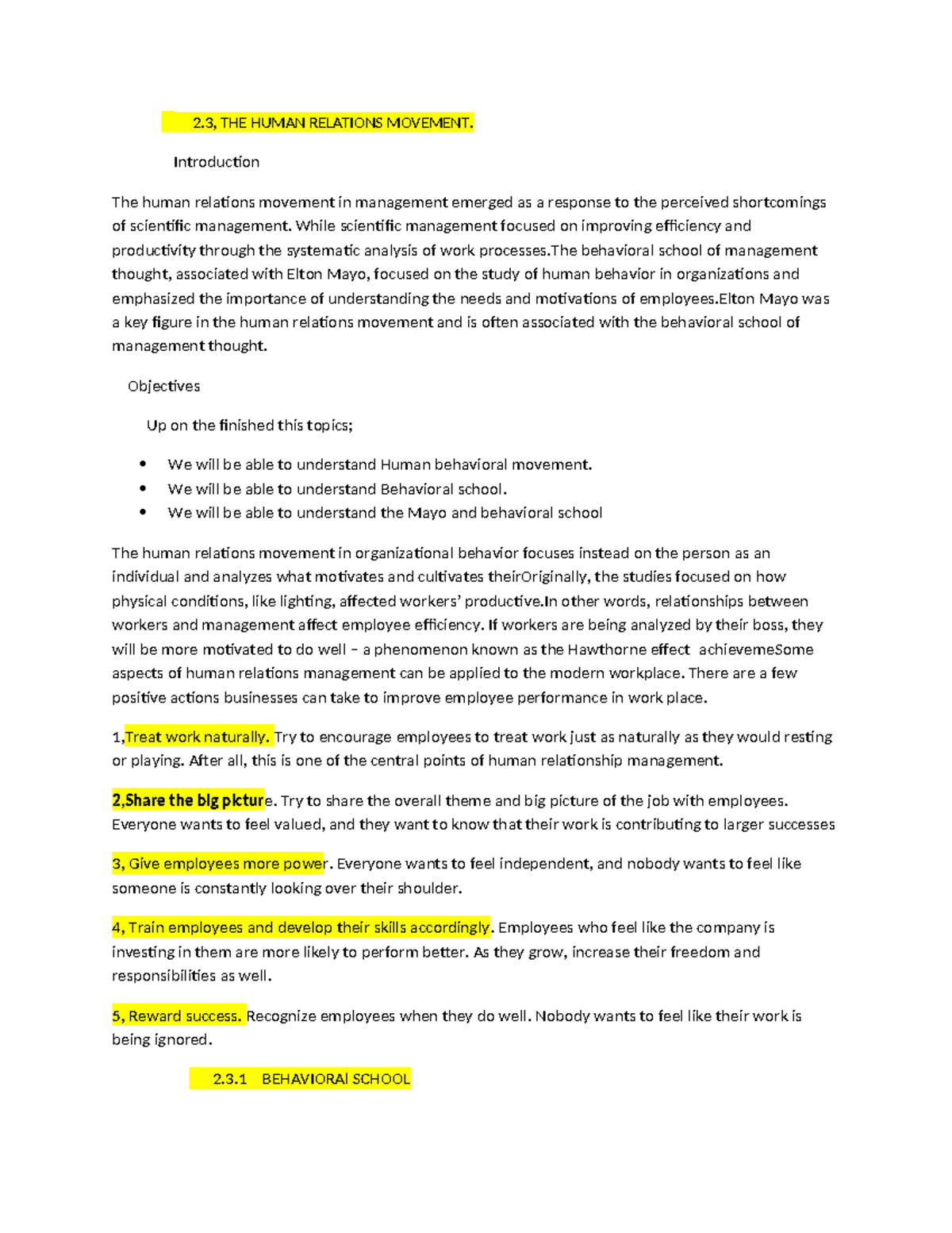 Introduction to mgmt Assignment - 2, THE HUMAN RELATIONS MOVEMENT ...