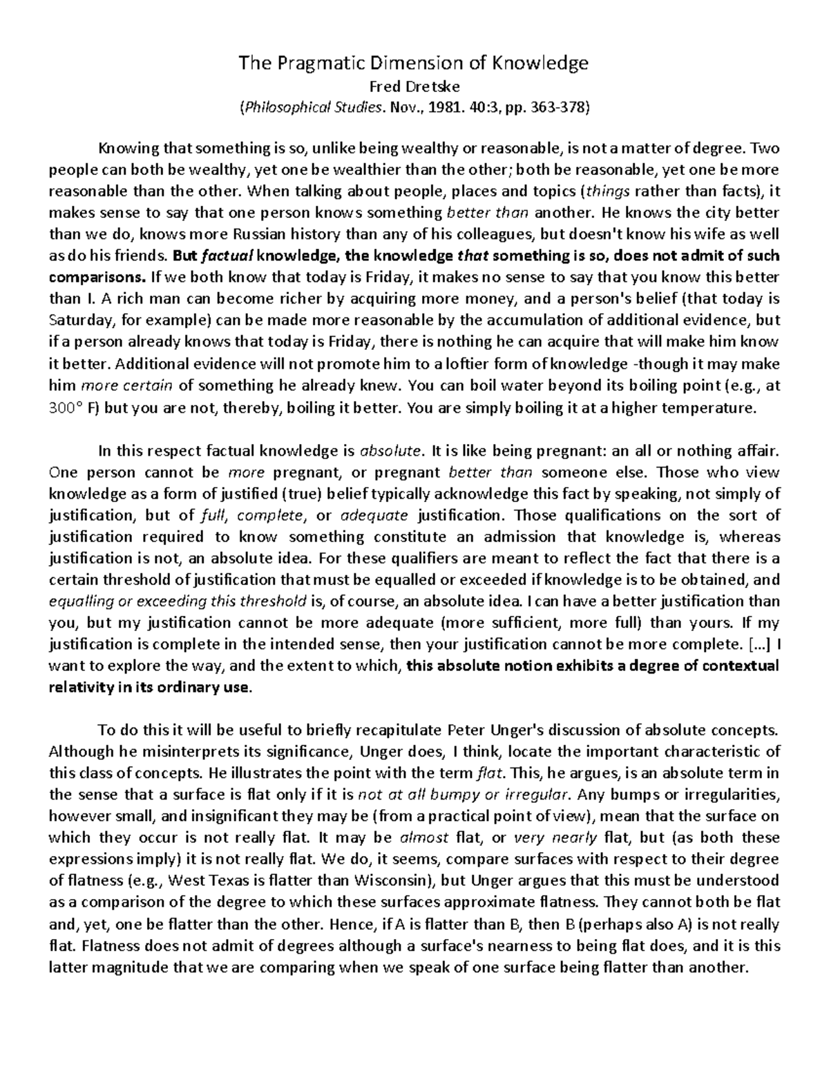 Dretske Readings - Notes - The Pragmatic Dimension of Knowledge Fred ...