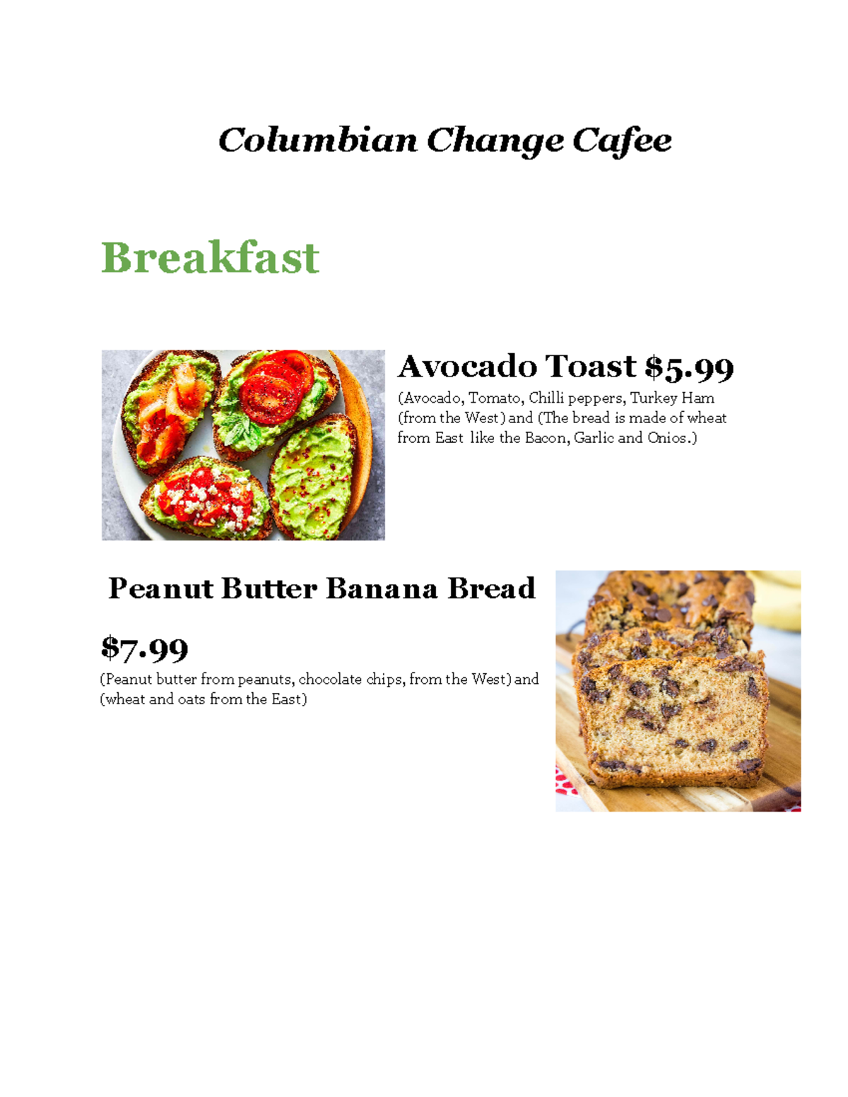 Columbian Exchange Restaurant Menu - Columbian Change Cafee Breakfast ...
