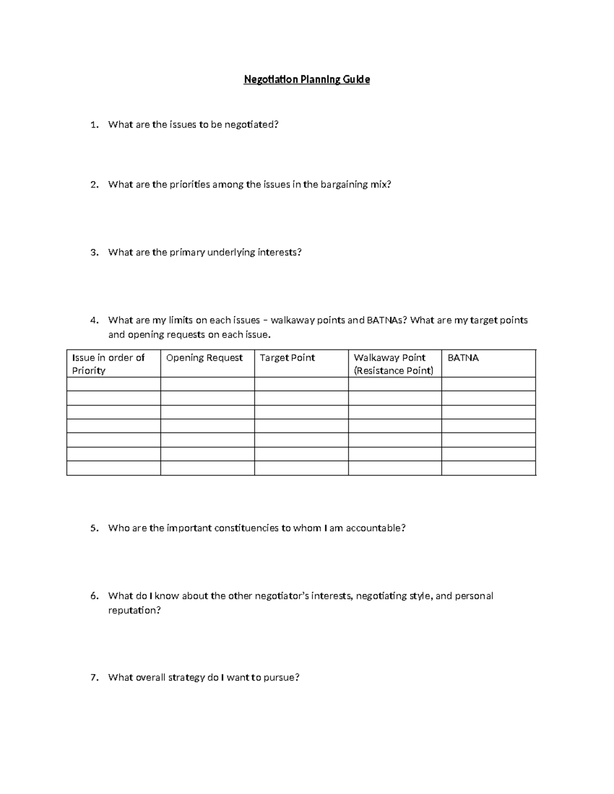 Negotiation Planning Guide - Negotiation Planning Guide What are the ...