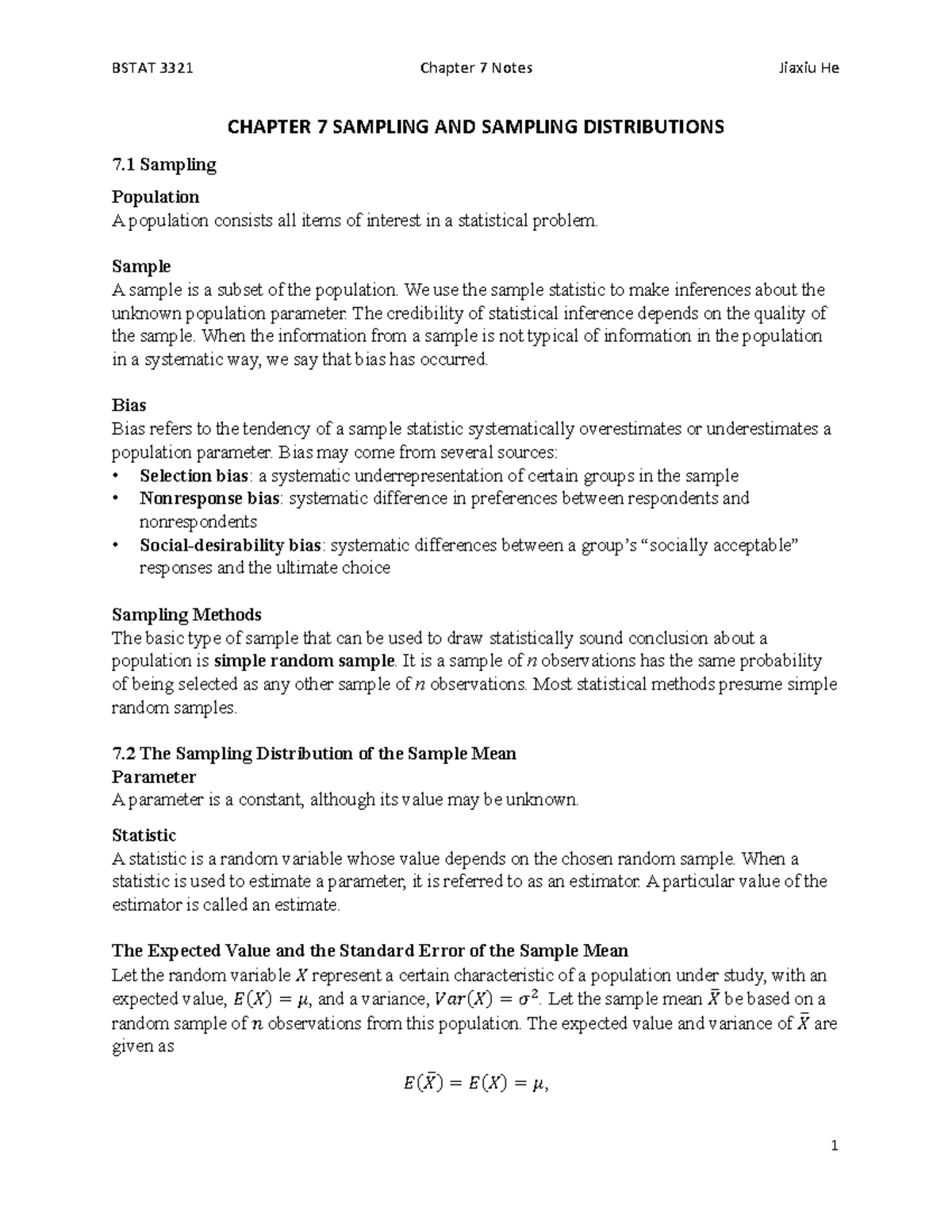 Notes - Chapter 7 - BSTAT 3321 Chapter 7 Notes Jiaxiu He 1 CHAPTER 7 ...