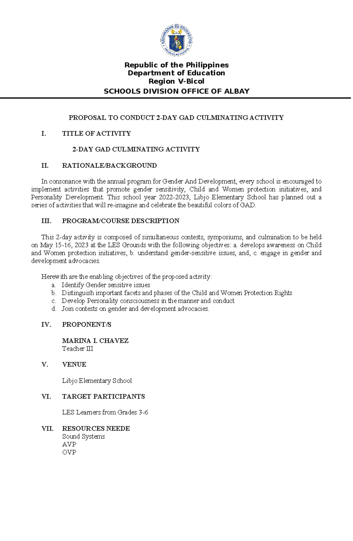 GAD Proposal. MAMA - Republic of the Philippines Department of ...