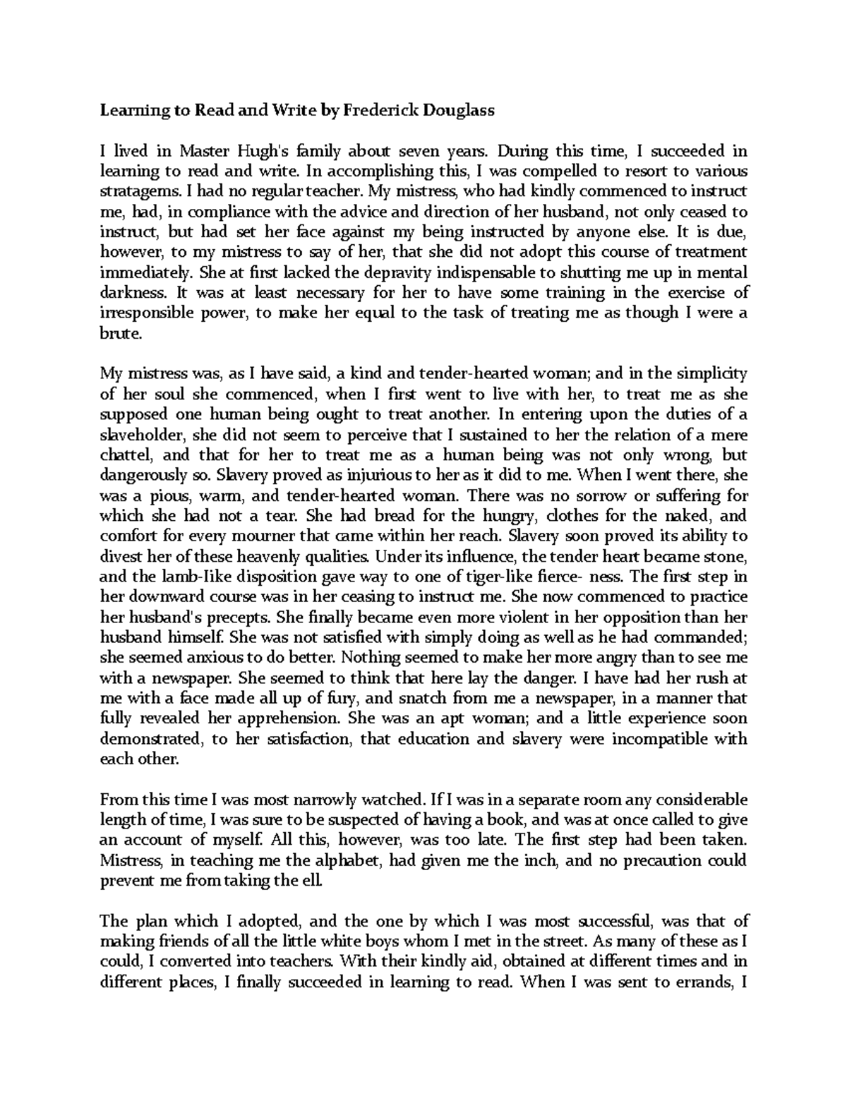 Frederick Douglass Learning To Read And Write