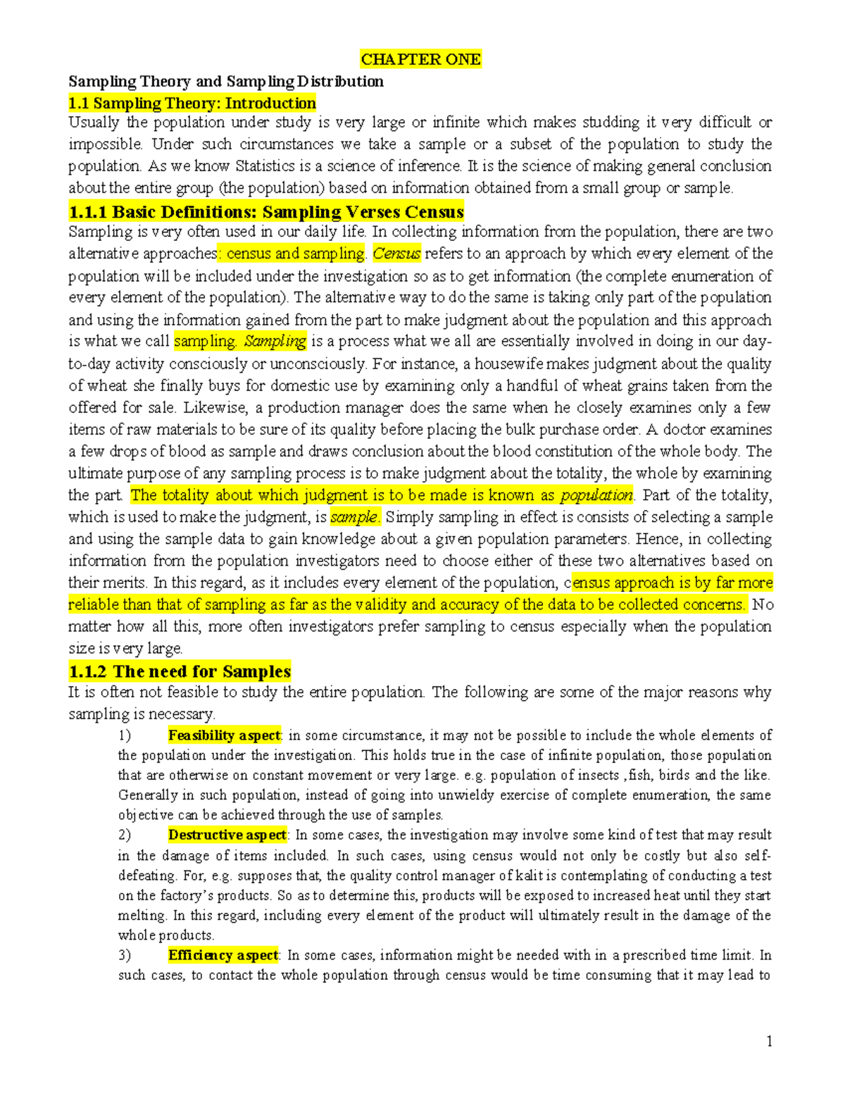 CH I Sampling Theory & Distrbn - CHAPTER ONE Sampling Theory and ...