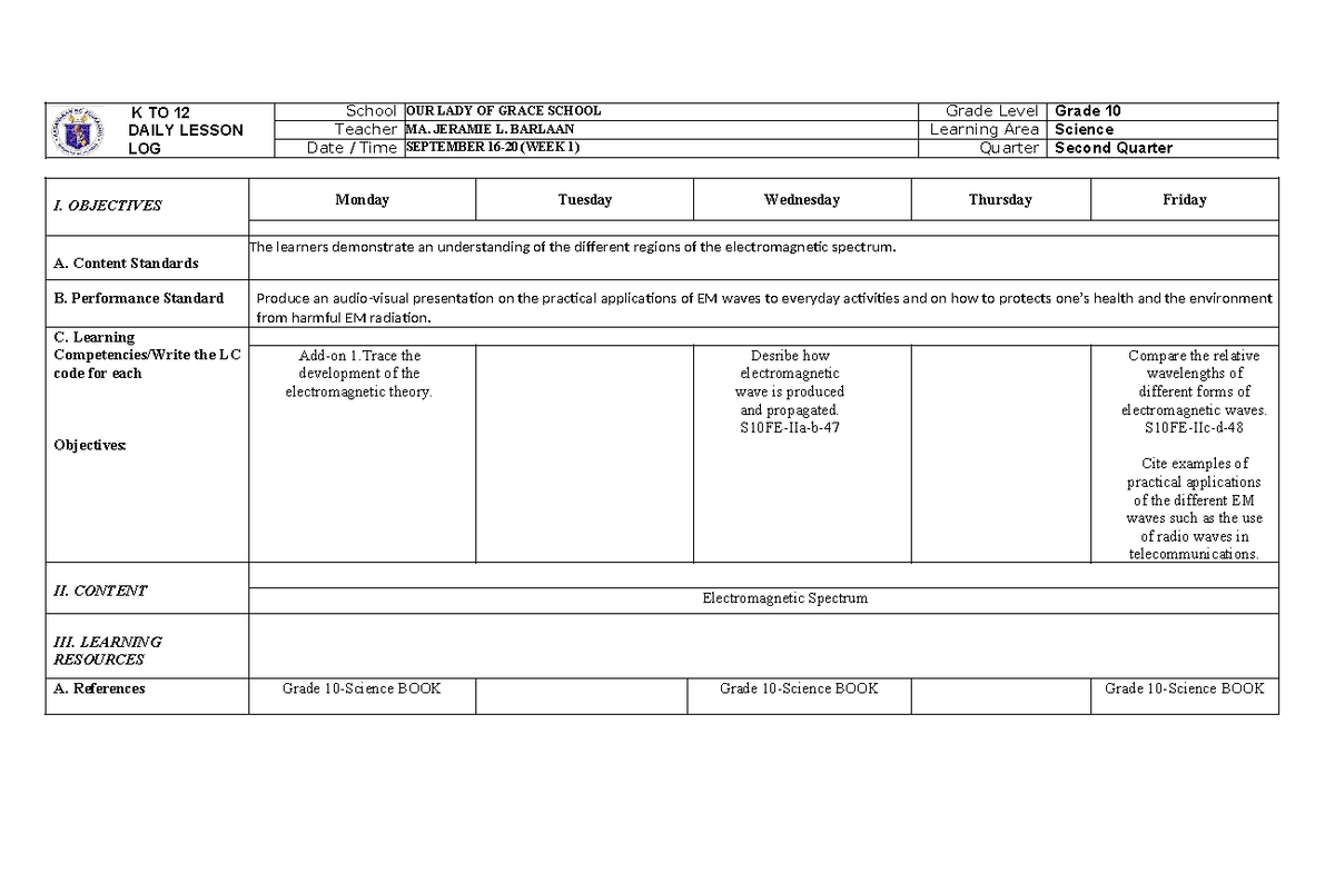 DLL Science 10 Q2 W1 - K TO 12 DAILY LESSON LOG School OUR LADY OF ...