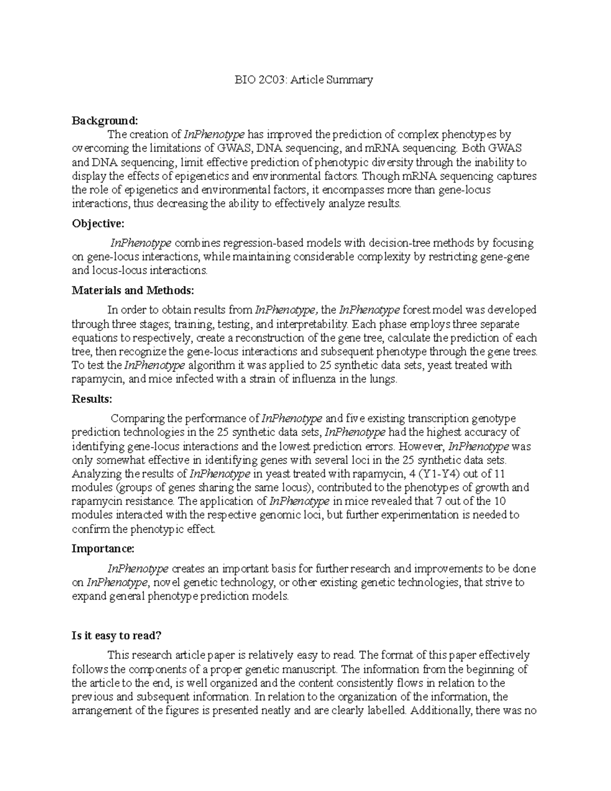 BIO 2C03 - Written Summary Assignment - BIO 2C03: Article Summary ...