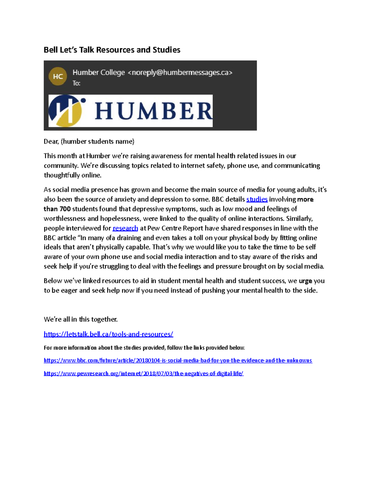 Email Assignment - Copy - Bell Let’s Talk Resources and Studies Dear ...