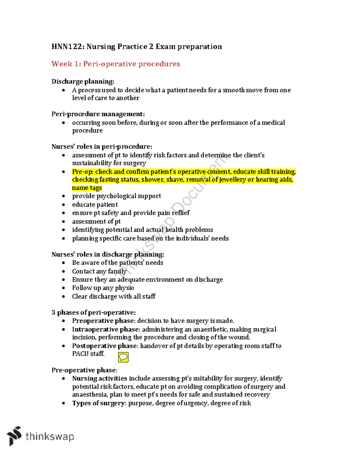 Nursing note ahmed - HNN122: Nursing Practice 2 Exam preparation Week 1 ...