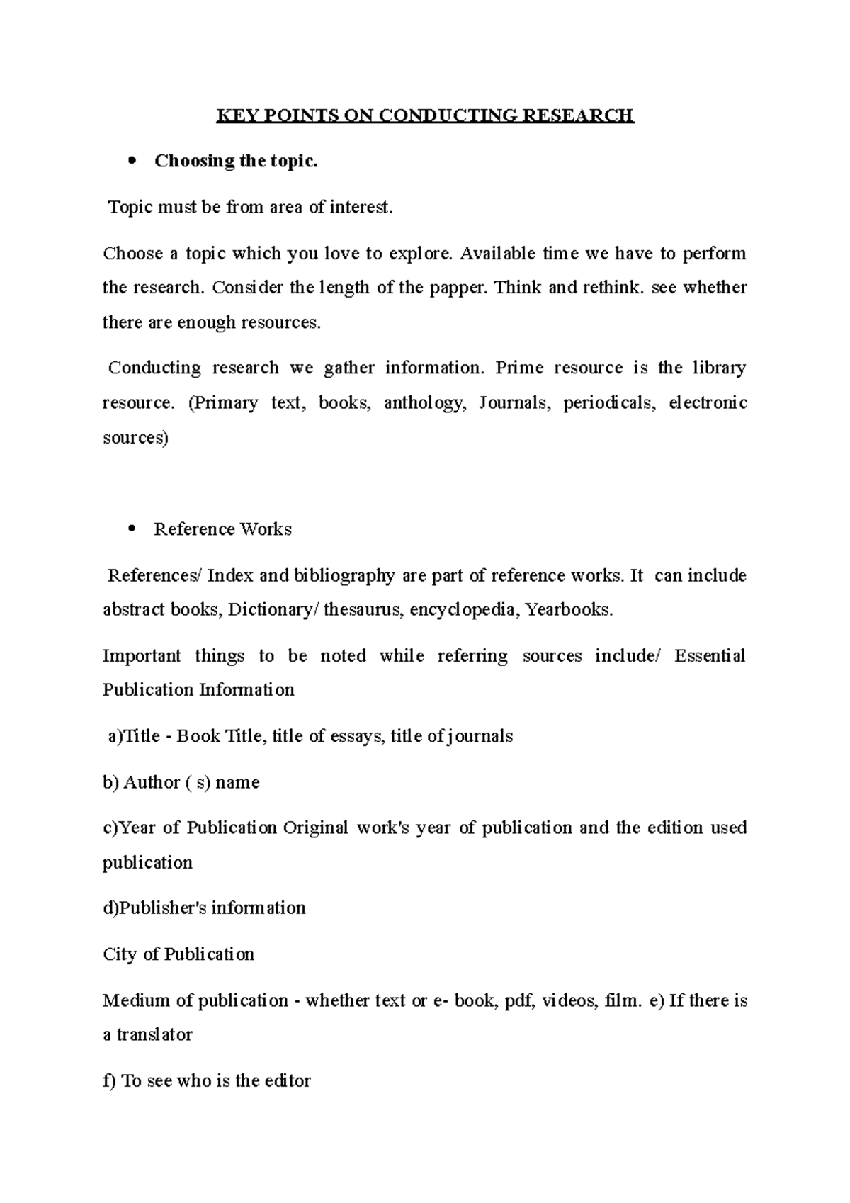 KEY Points ON Conducting Research - KEY POINTS ON CONDUCTING RESEARCH ...