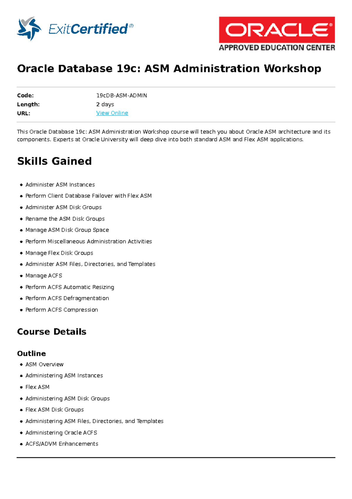 Oracle database 19c asm administration workshop - Oracle Database 19c: ASM Administration ...