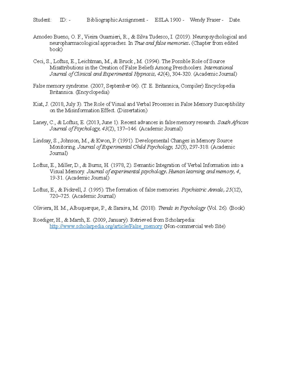 Research Bibliography Model - Student: ID: - Bibliographic Assignment ...