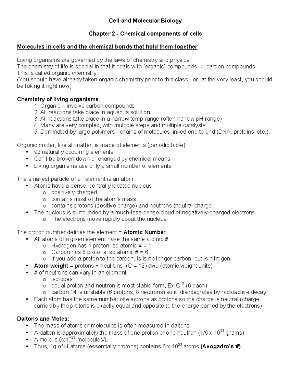 Chp 2 notes - Deanna Smith, Chemical Components of Cells - Cell and ...