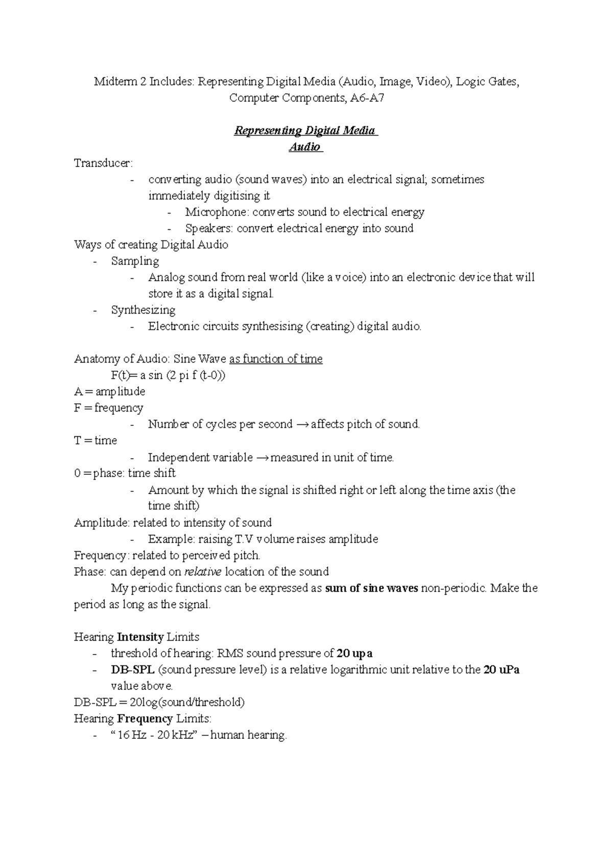 Eecs 1520 Lecture Notes Midterm 2 Includes Representing Digital Media Audio Image Video