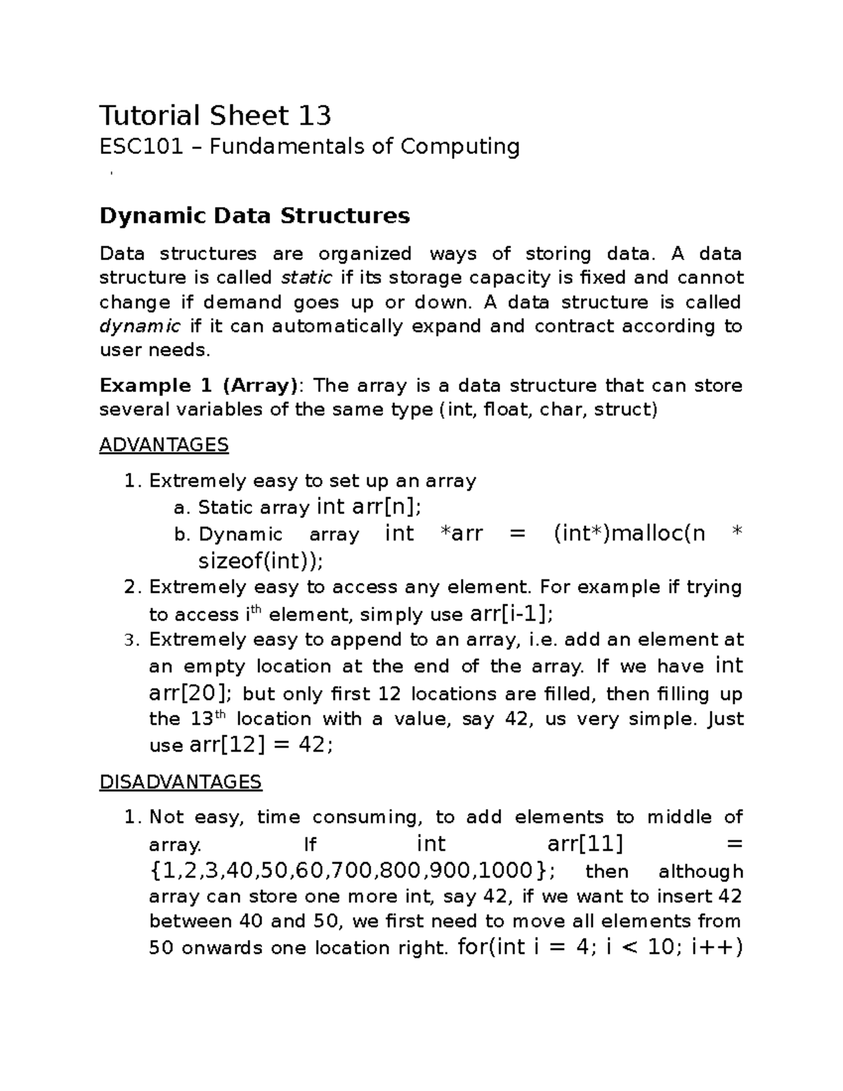 Week13 - Tutorial sheet shared by professor - Tutorial Sheet 13 ESC101 – Fundamentals of ...