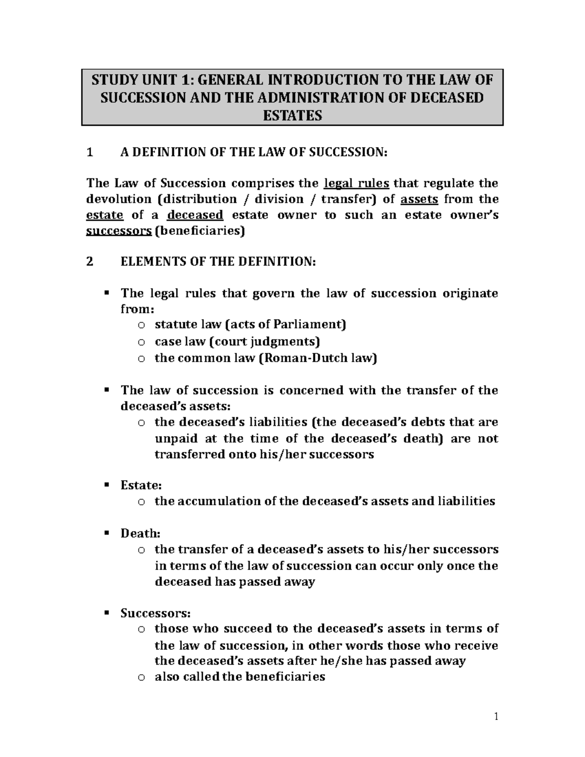 LAW OF Succession Study UNIT 1 - STUDY UNIT 1: GENERAL INTRODUCTION TO ...