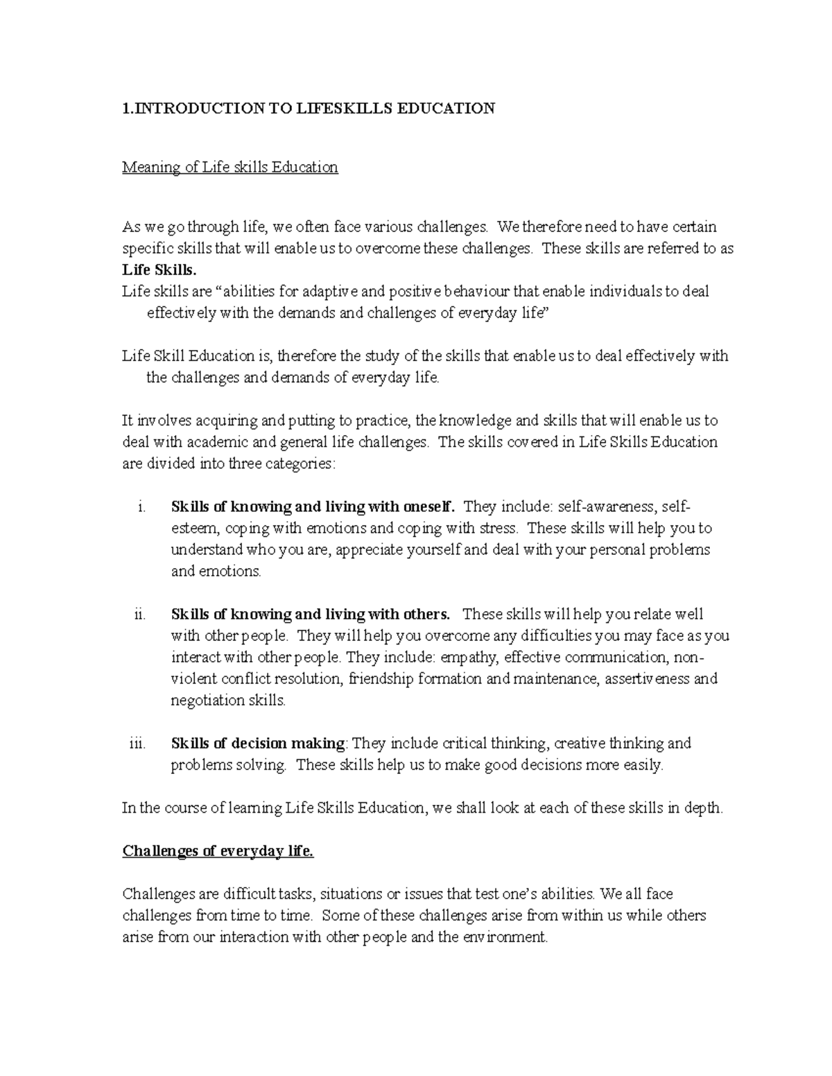 Lifeskills KIST Notes (E) - 1 TO LIFESKILLS EDUCATION Meaning of Life ...