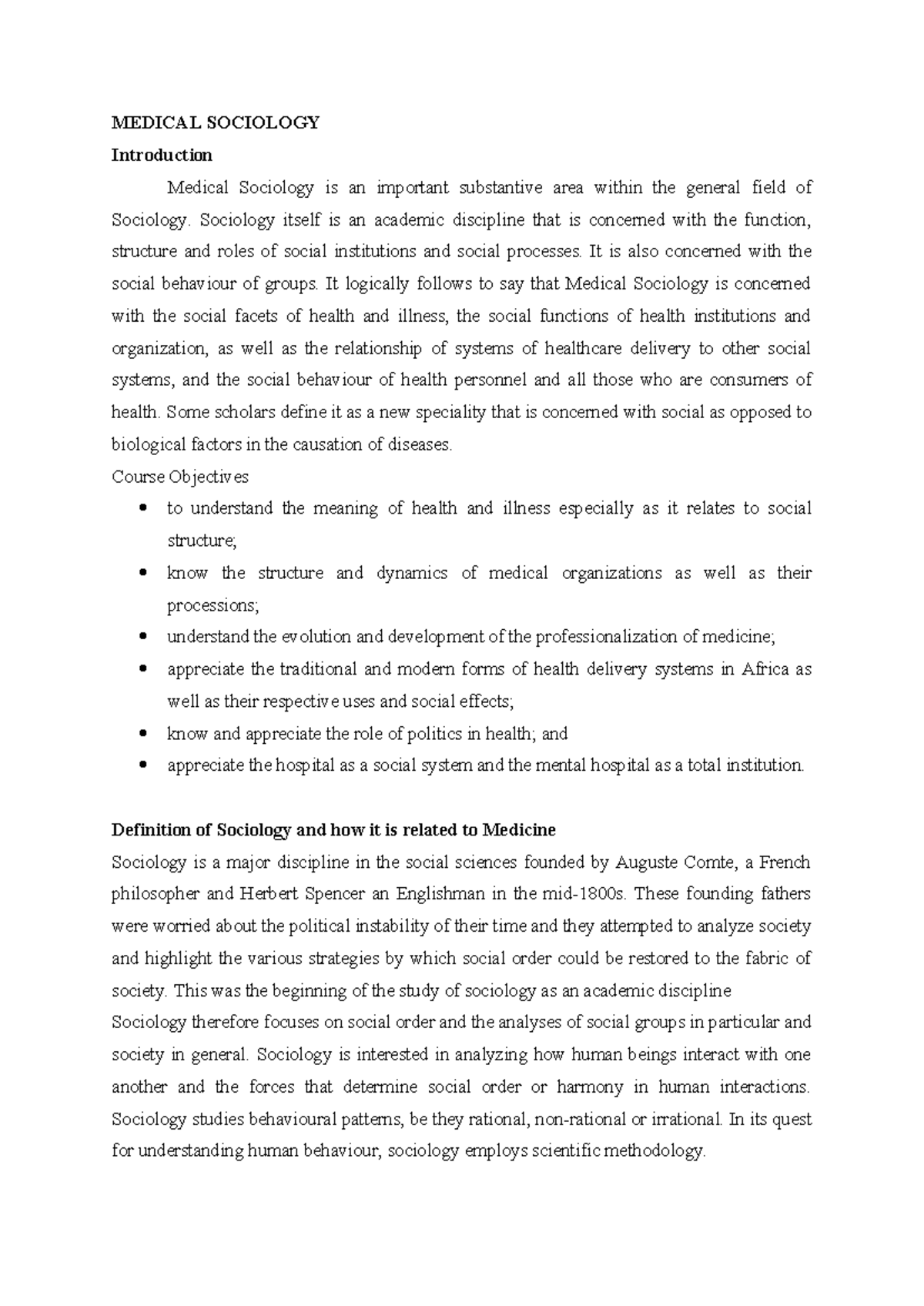 Course Title - . FNAFGDH - MEDICAL SOCIOLOGY Introduction Medical ...