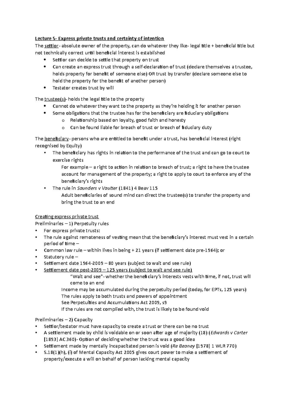 Express private trusts- Lecture 5, 6, 7, 8 - Lecture 5- Express private trusts and certainty of ...