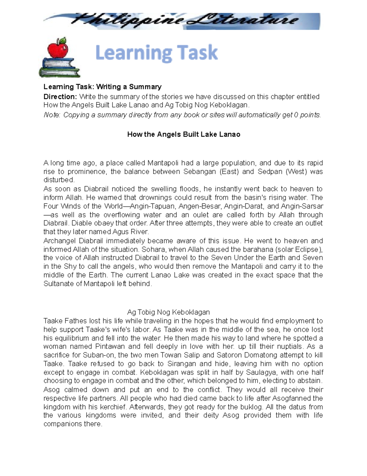 Activity #7 - Learning Task: Writing a Summary Direction: Write the ...