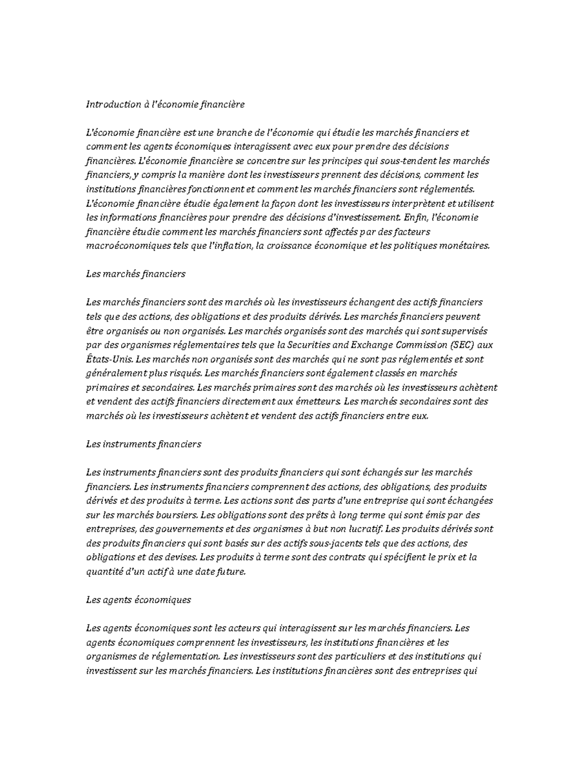 Financial Economics note study - Introduction à l'économie financière L ...
