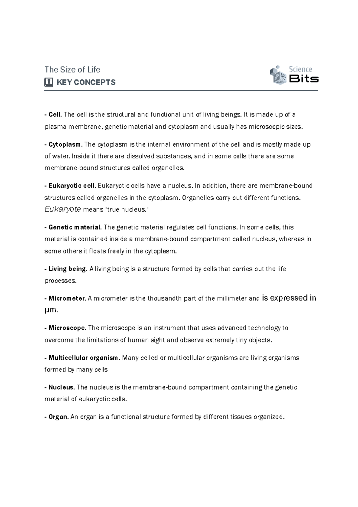 The Size of Life- Key Concepts - The Size of Life KEY CONCEPTS Cell ...