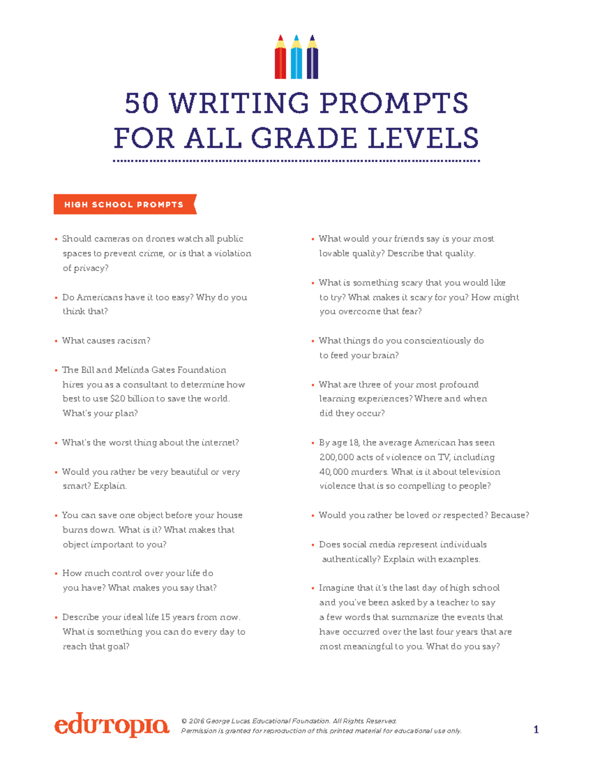 Edutopia 50 writing prompts all grade levels - • Should cameras on ...