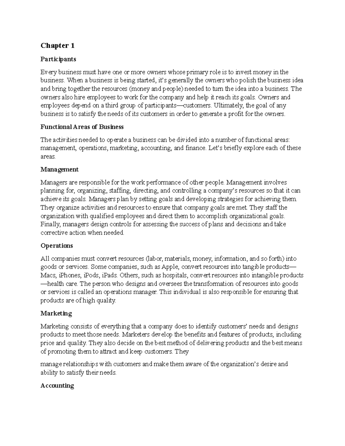 Chapter 1 Business Theory Notes - Chapter 1 Participants Every business ...