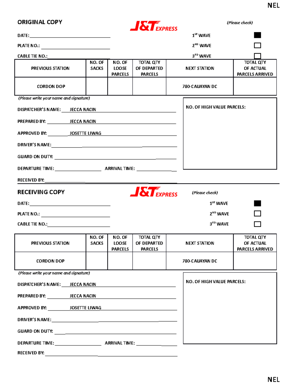 Departure- Manifest - dept - NEL ORIGINAL COPY (Please check) DATE: 1 ...