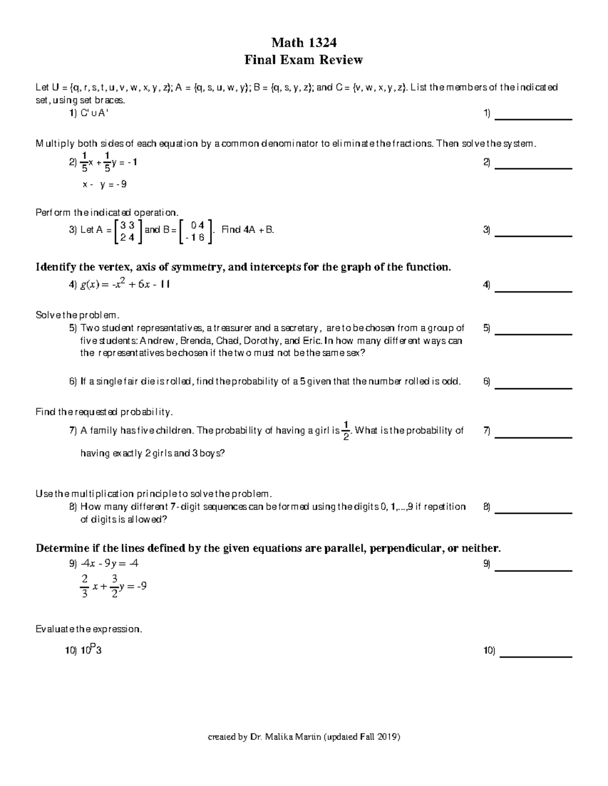 1324 Final Exam Review Fall 2019 - Math 1324 Final Exam Review Let U ...