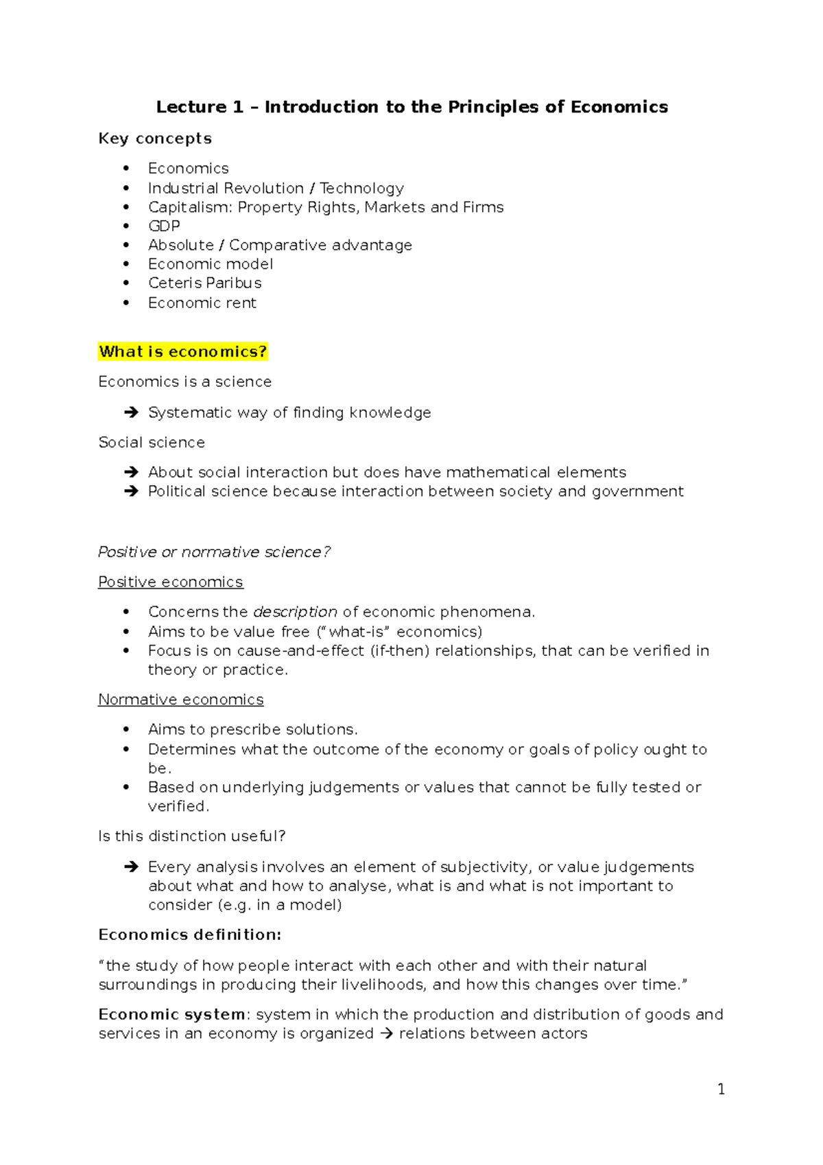 Lecture 1 - Lecture 1 – Introduction to the Principles of Economics Key ...