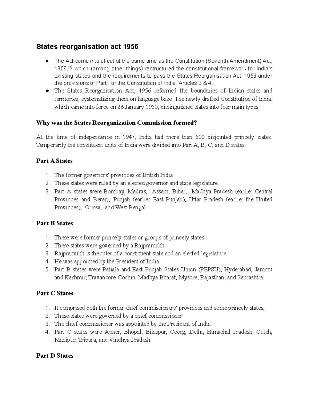 IGP unit 3 - Koiramba Sir - States reorganisation act 1956 The Act came ...