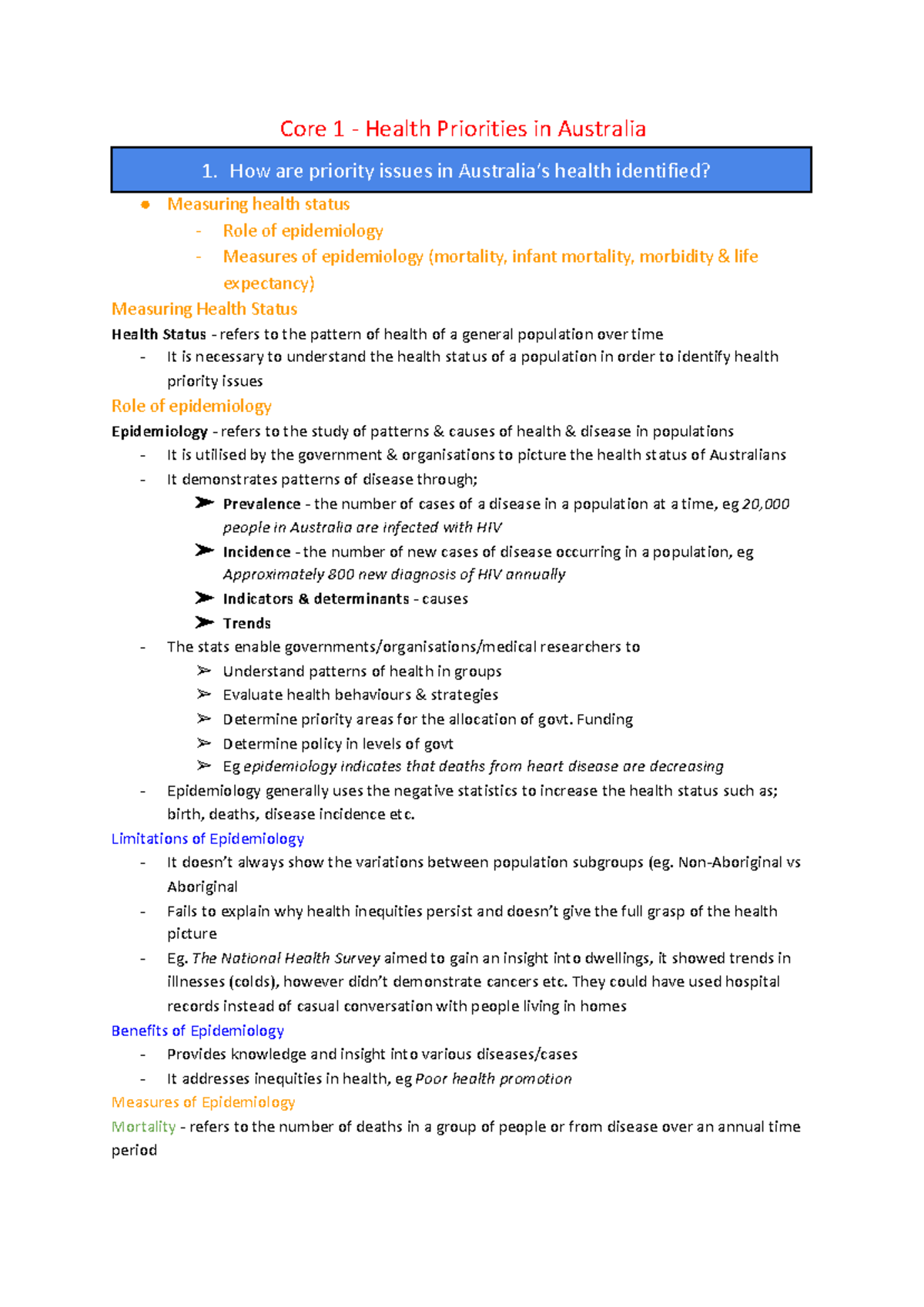 Notes on Core 1 - Health Priorities in Australia - Core 1 - Health ...
