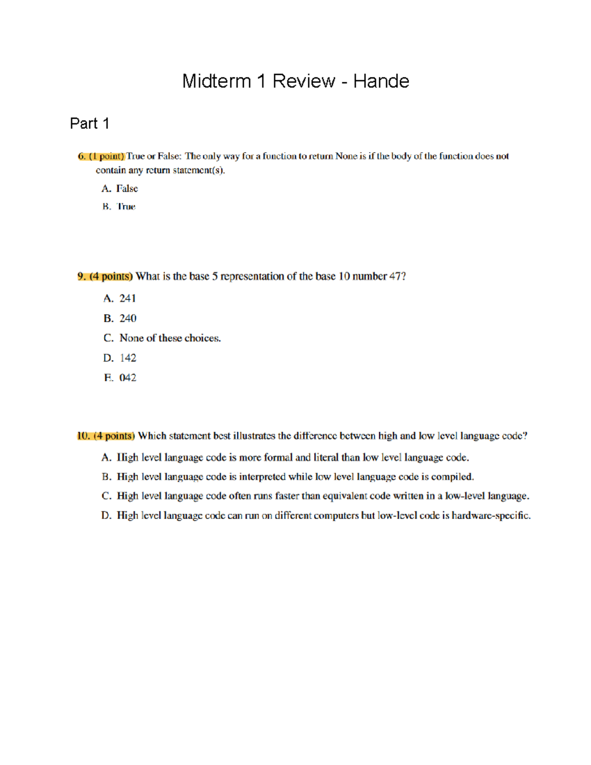Review 2 - midterm prac - Comp 202 - Midterm 1 Review - Hande Part 1 ...