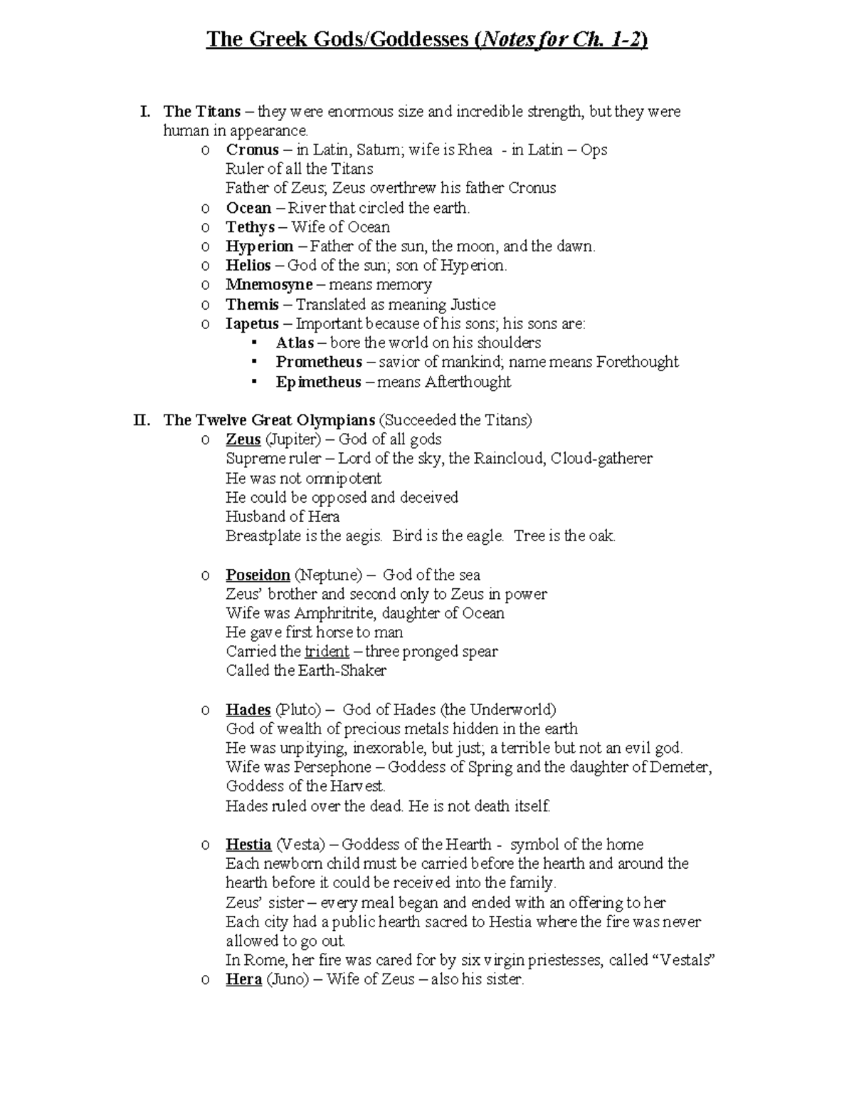 The Greek Gods and Goddesses Notes - I. The Titans – they were enormous ...