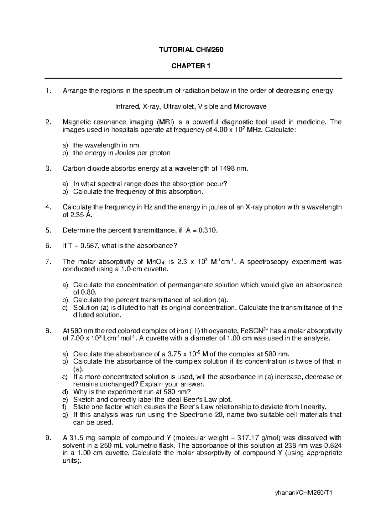 Tutorial 1-CHM260 1 - TUTORIAL CHM260 CHAPTER 1 1. Arrange the regions ...