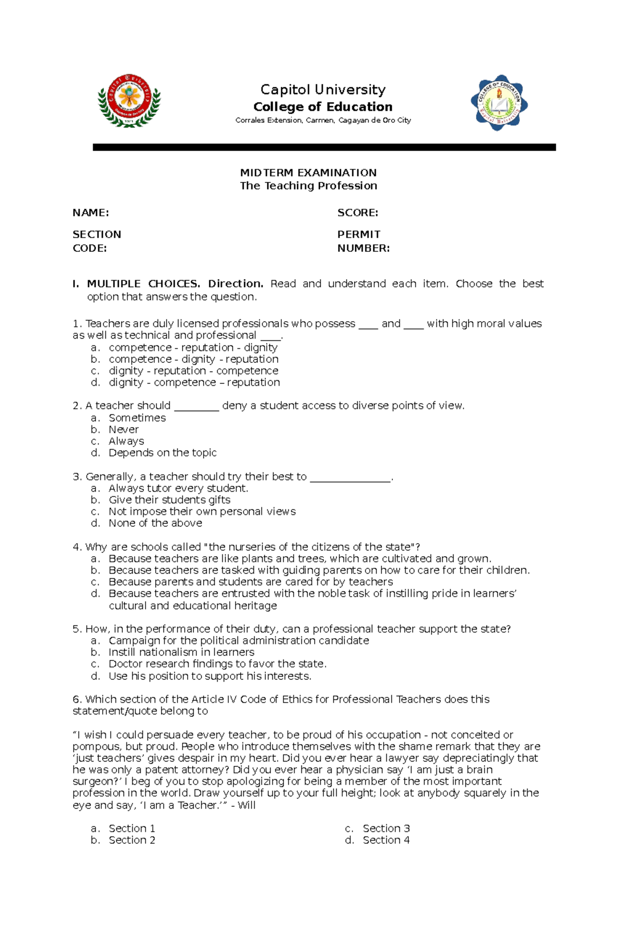 ED 102 Midterm Questionnaire - MIDTERM EXAMINATION The Teaching ...