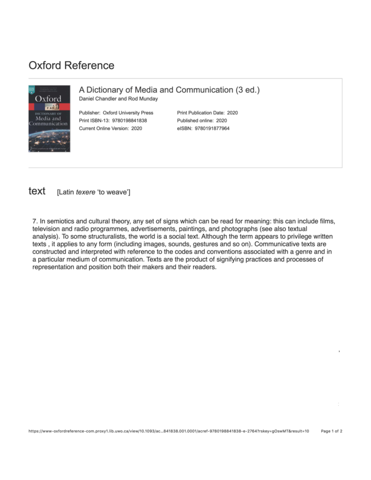 Week 8 Readings - Oxford Reference ####### A Dictionary of Media and ...