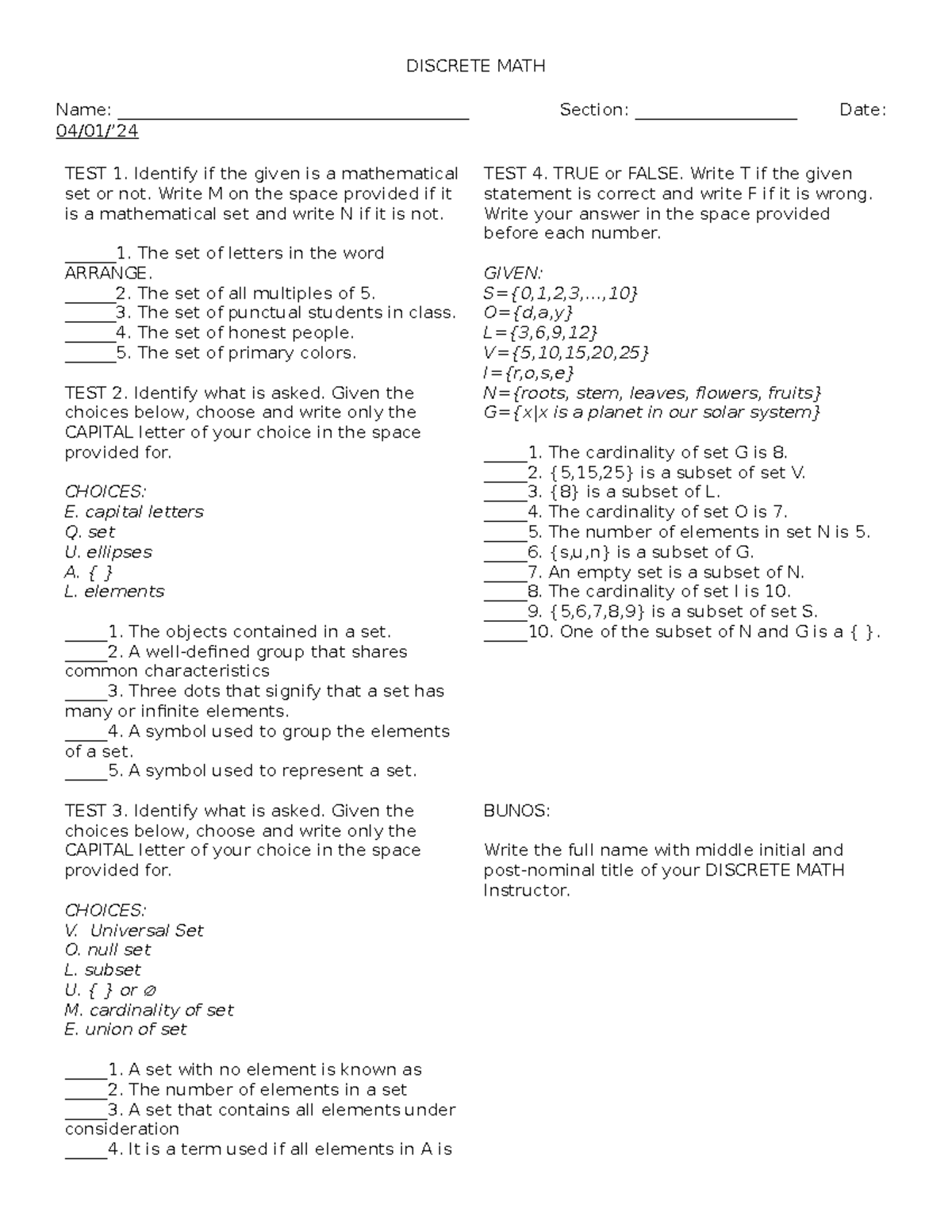 Discrete Math Quiz on Intro to Sets - DISCRETE MATH Name