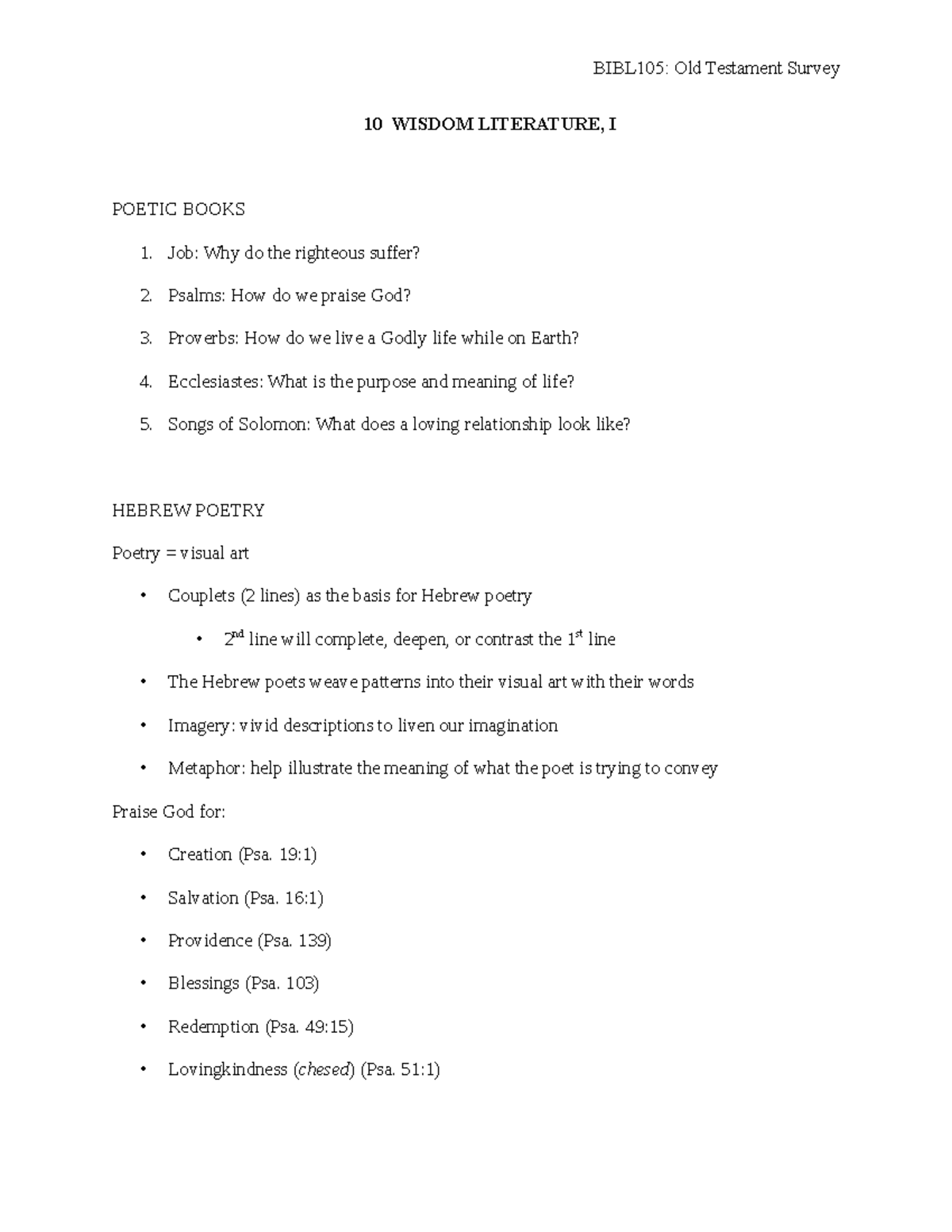 Bible 105 Section 10 Exam Notes - 10 WISDOM LITERATURE, I POETIC BOOKS ...