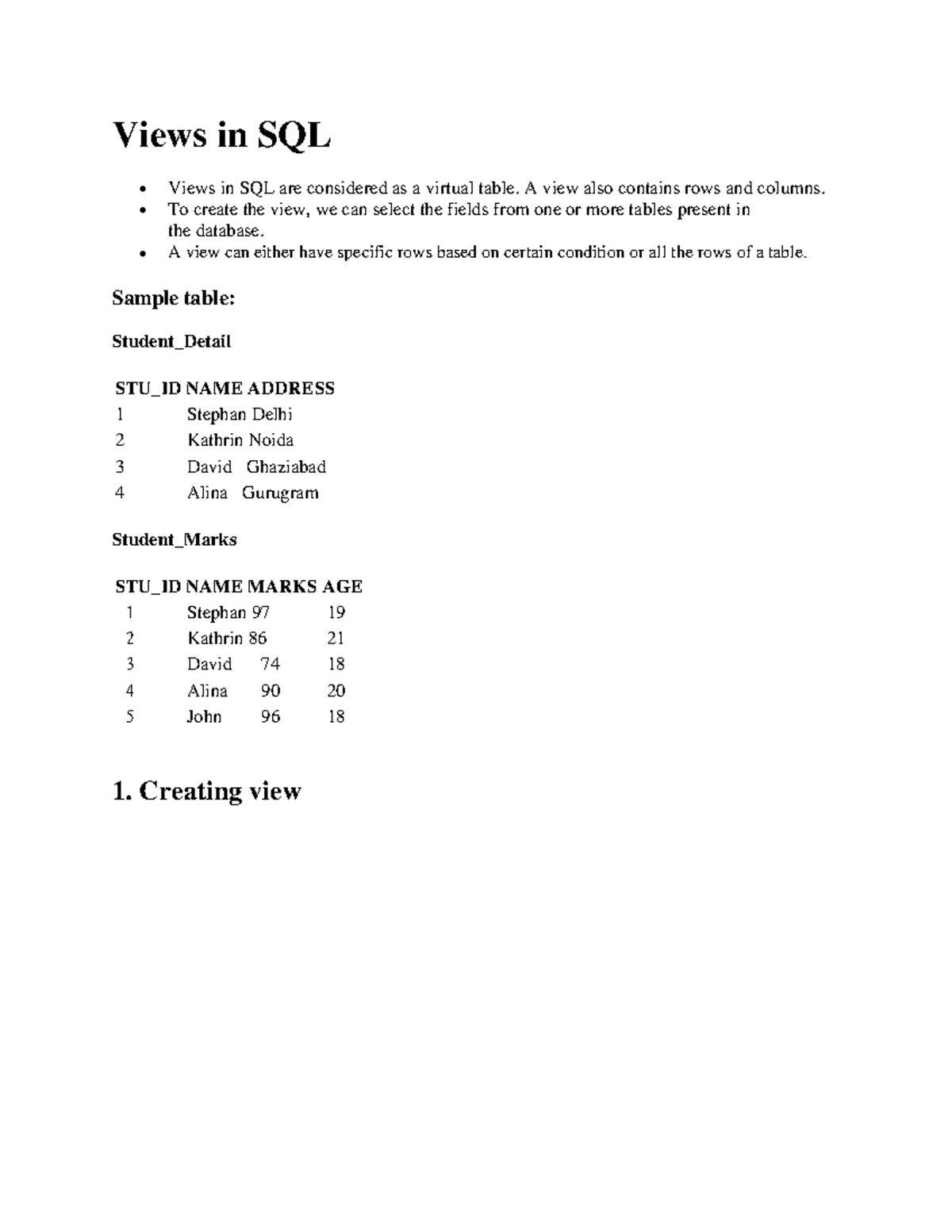 Views in SQL - Database - Views in SQL • Views in SQL are considered as ...