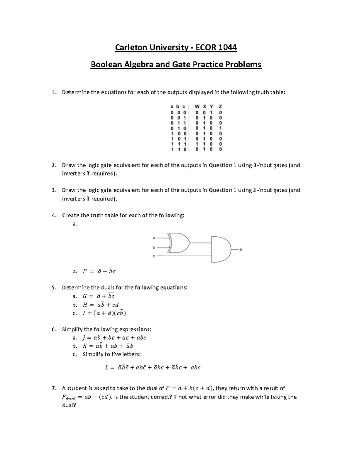 Practice 1 Boolean Algebra And Gate Carleton University Ecor 1044 Boolean Algebra And Gate