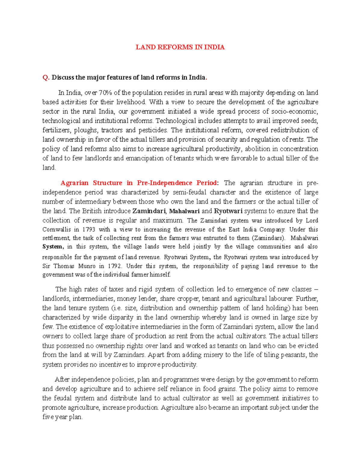 Land reforms in Indiamjjalkjefj - LAND REFORMS IN INDIA Q. Discuss the ...