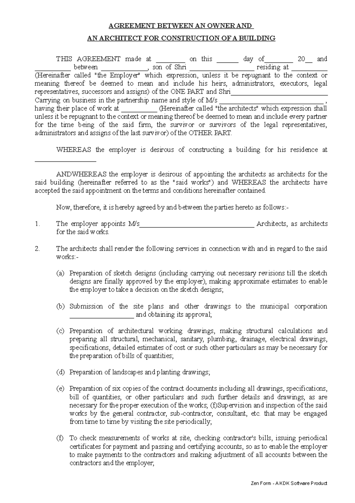 Legal Drafts format - AGREEMENT BETWEEN AN OWNER AND AN ARCHITECT FOR ...