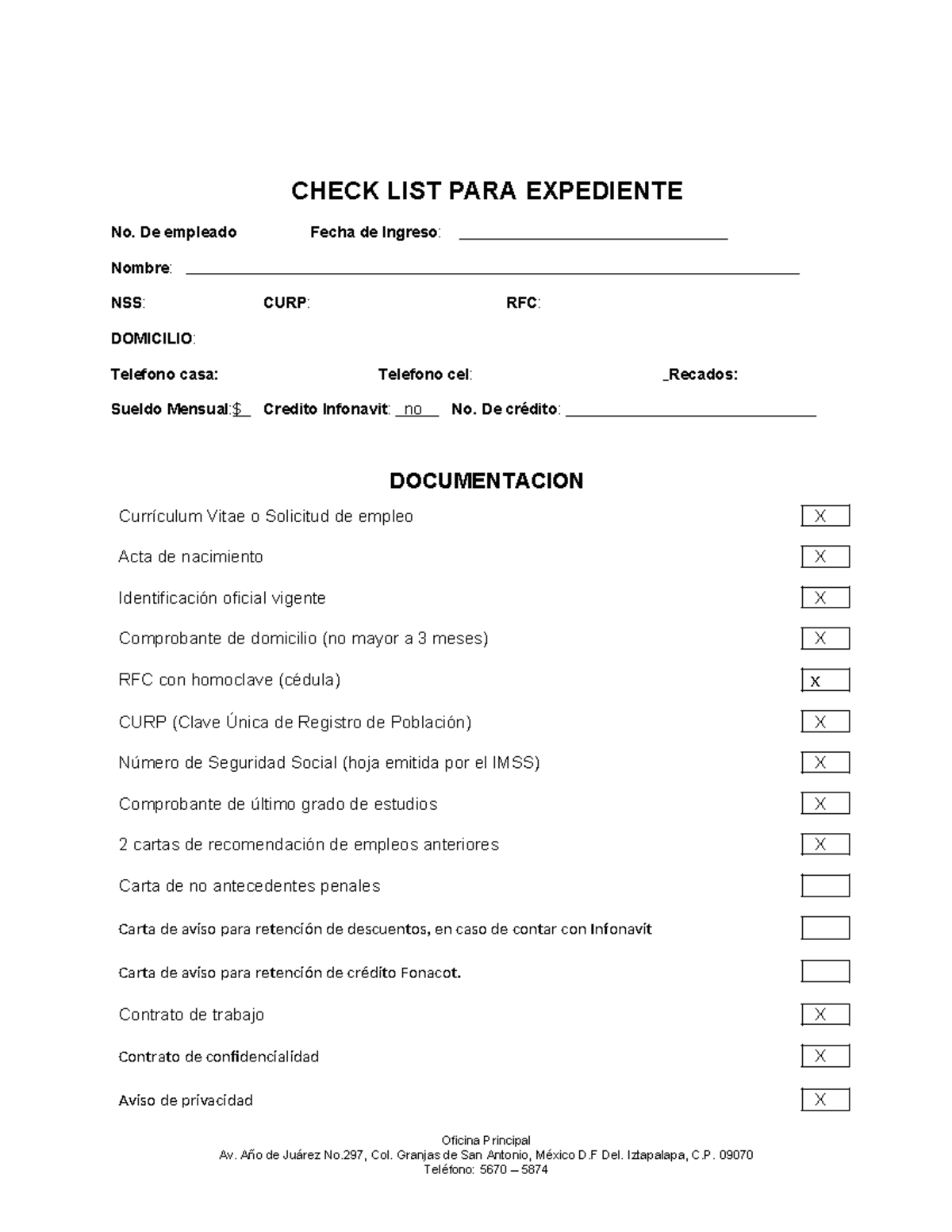 Check LIST Expediente - lista de chek - CHECK LIST PARA EXPEDIENTE No. De empleado Fecha de ...