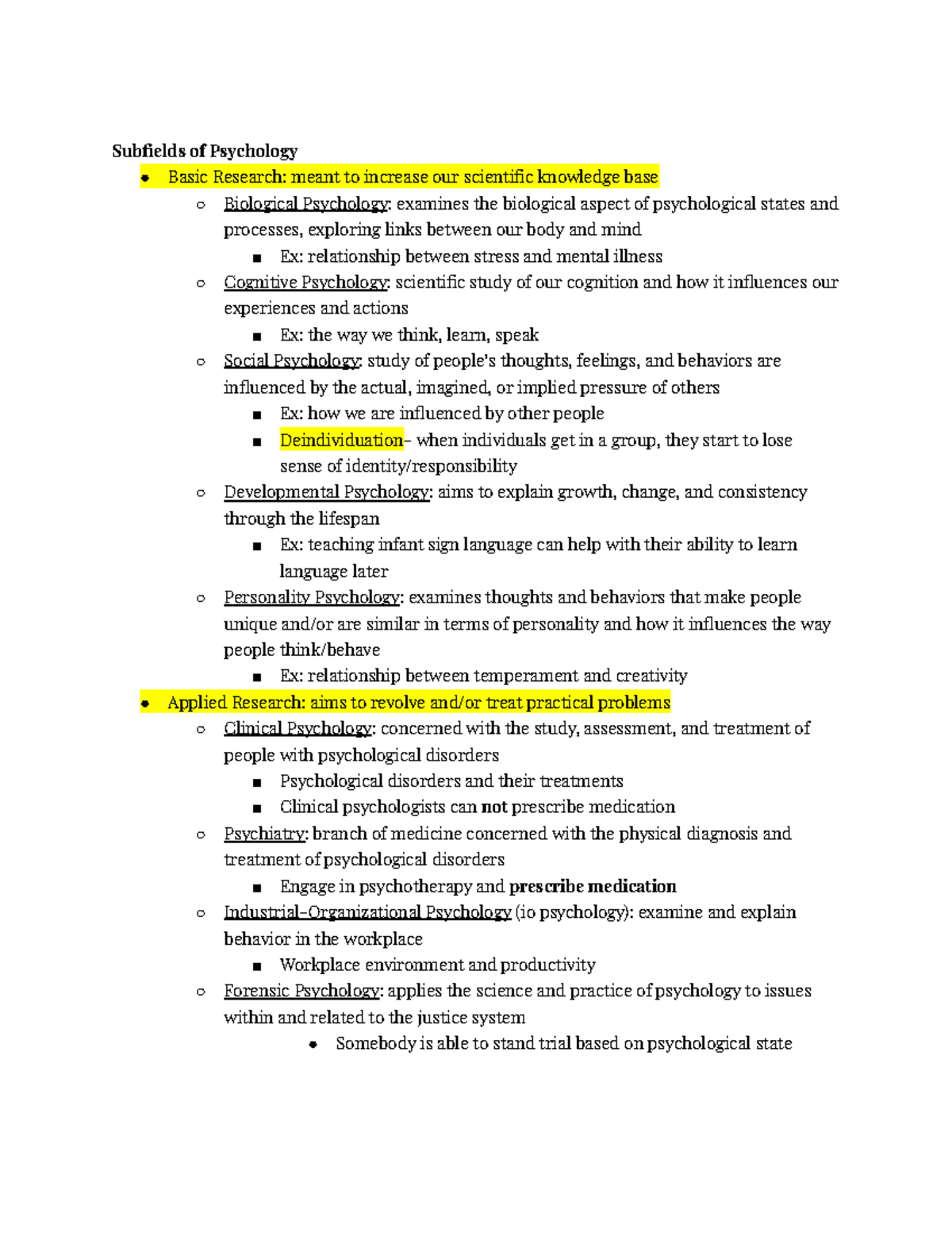 Chapter 1 Intro to Psychology (3) - Subfields of Psychology Basic ...